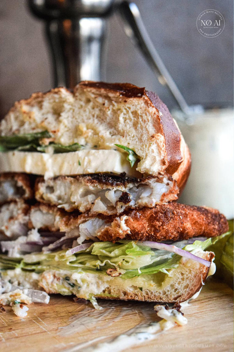 Crispy flounder fillet sandwiches on pretzel buns