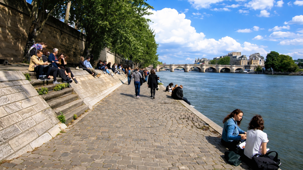 Walking the Seine riverbanks on a sunny Paris day (4K)