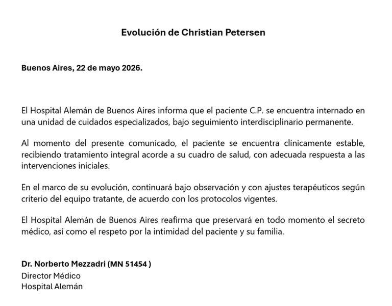 Difundieron el primer y llamativo parte médico de Christian Petersen ...