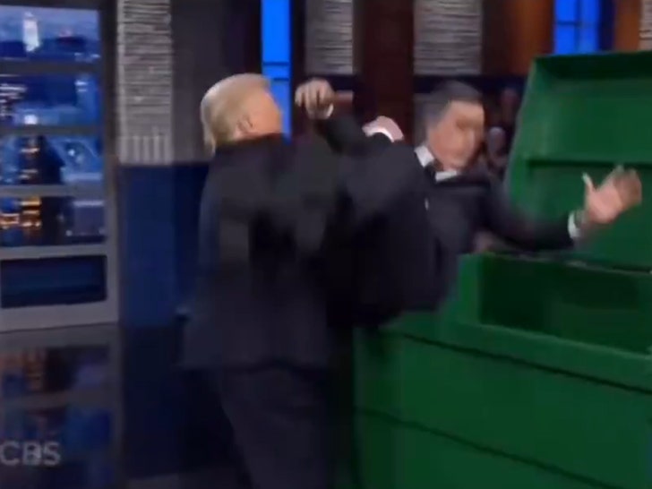 Trump shares AI video of him literally tossing Stephen Colbert into a ...