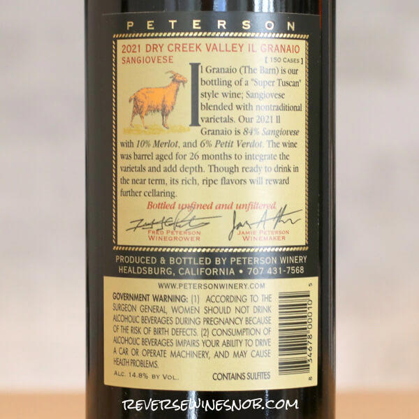 Insider deal! Peterson Winery Il Granaio Super Tuscan style Sangiovese