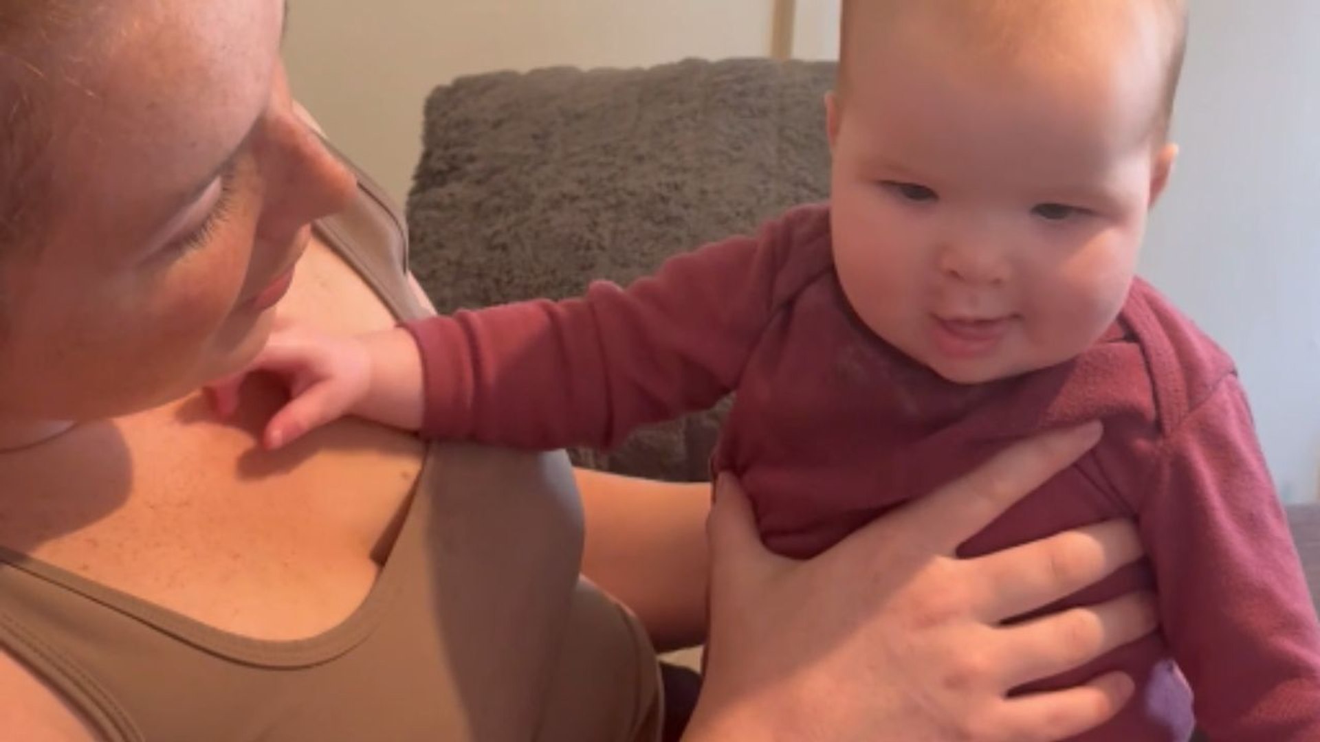 Infant cries immediately as her mother makes a 'baa' noise