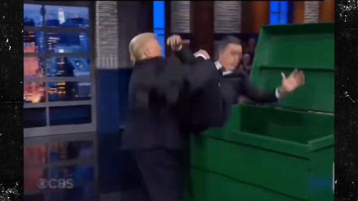 Trump shares AI video of him literally tossing Stephen Colbert into a ...