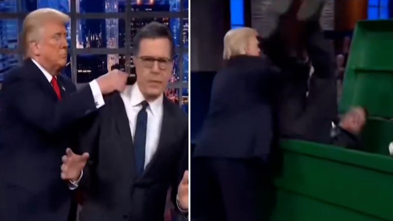 Video: Trump tosses Stephen Colbert into dumpster in AI-generated clip ...