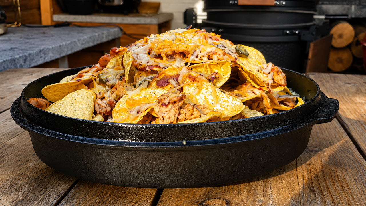 Krankzinnige gelaagde BBQ nachos met gerookte pulled chicken