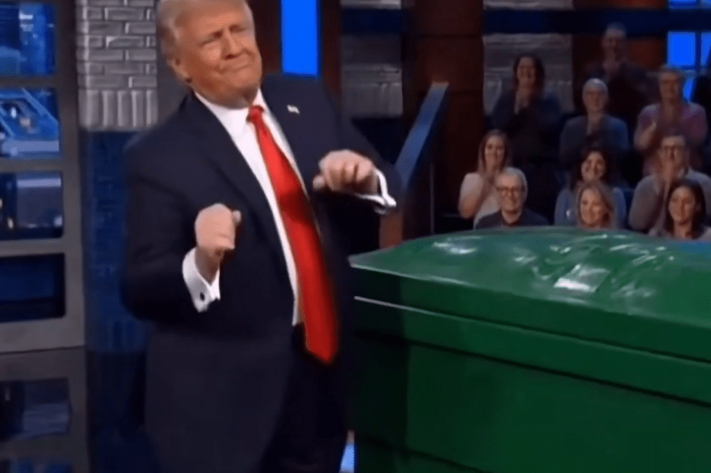 Trump posts doctored clip throwing Stephen Colbert into dumpster