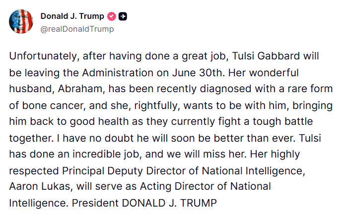 Trump's intel chief Tulsi Gabbard resigns, citing husband's cancer ...