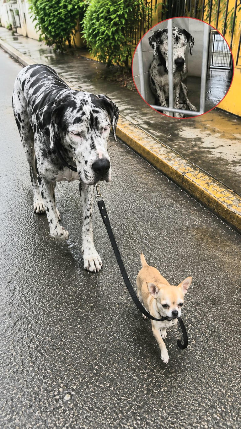 Una chihuahua corre verso un alano cieco in rifugio: la donna li adotta ...