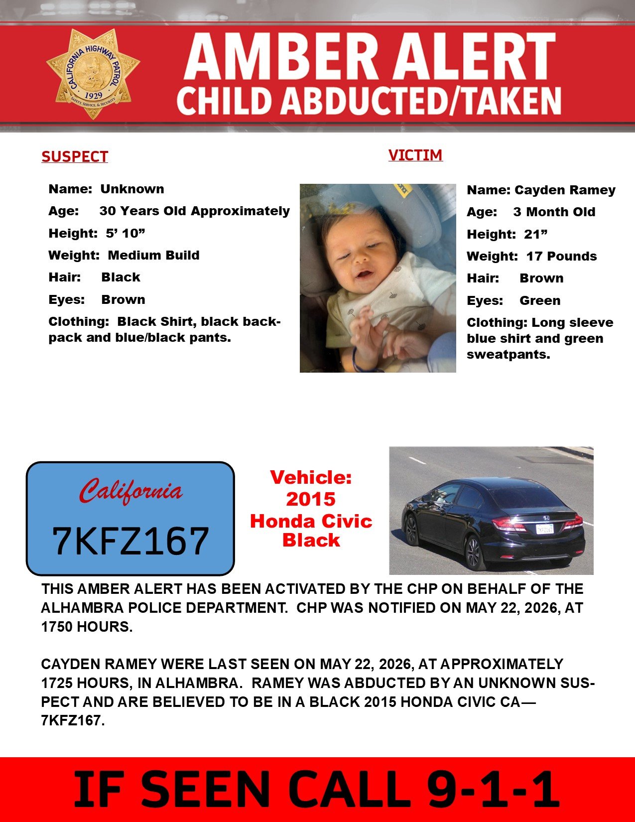 Amber Alert issued for baby last seen in Alhambra