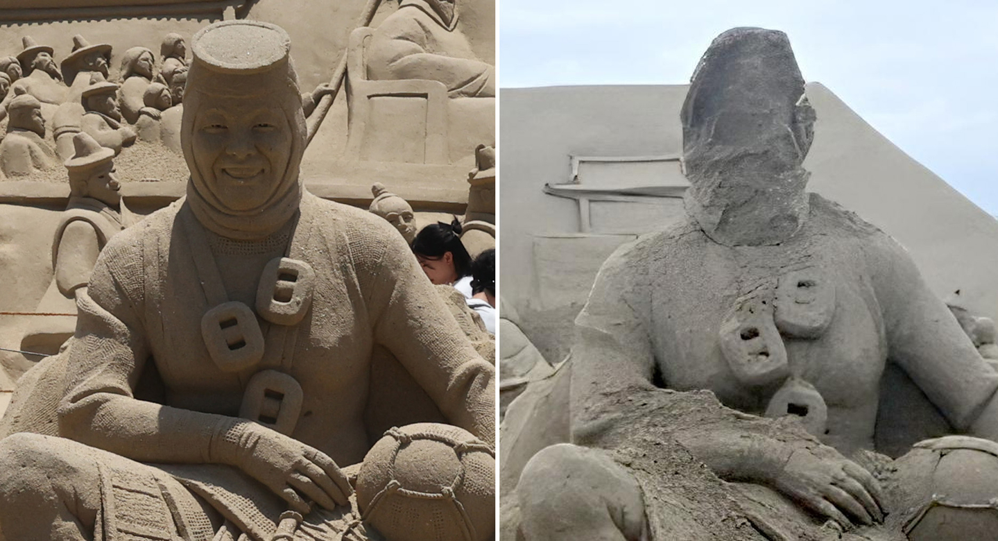 Visitor smashes sand artwork at Haeundae beach festival with crutch