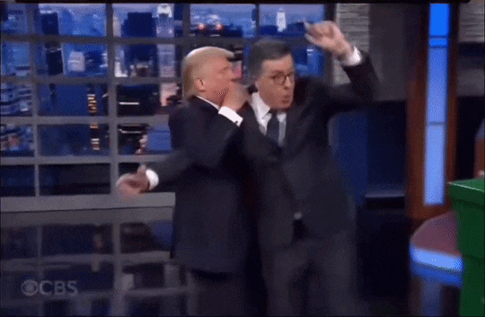 Video: Donald Trump tosses Stephen Colbert in dumpster before YMCA ...