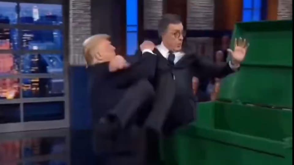 Trump throws Stephen Colbert in garbage in his latest AI video as 'Late ...