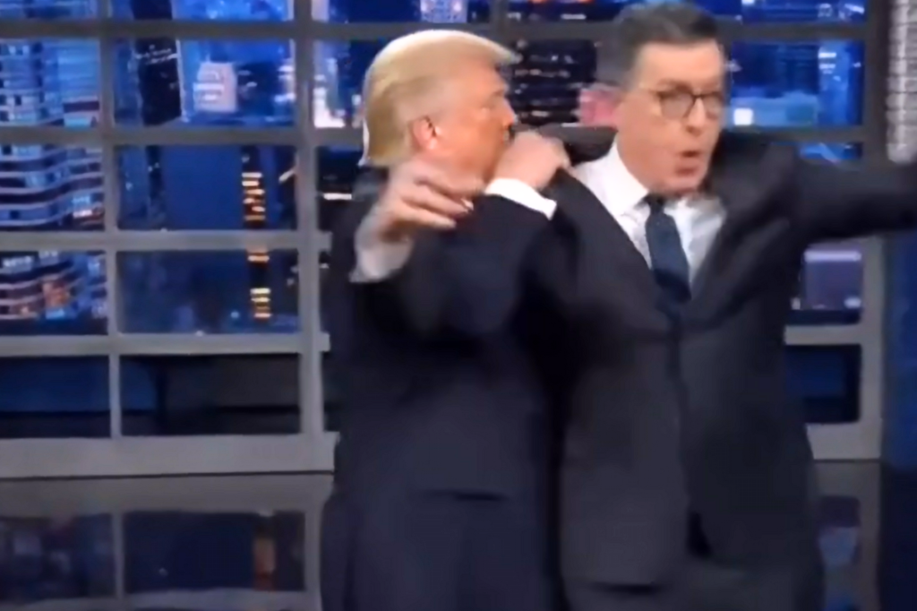Trump posts doctored clip throwing Stephen Colbert into dumpster