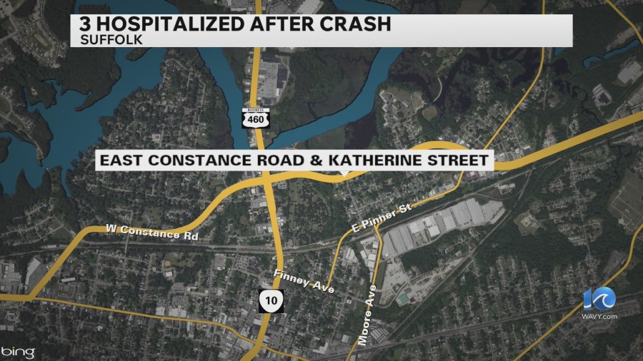 Single-vehicle crash in Suffolk leaves three injured