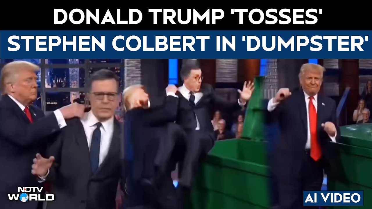 Donald Trump tosses Stephen Colbert in dumpster before YMCA dance in AI ...