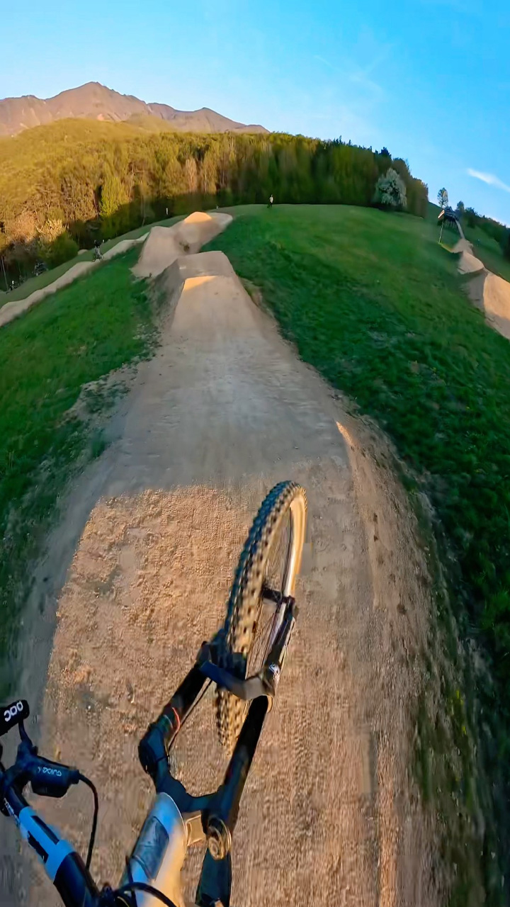 Crazy first person perspective mountain bike jumps downhill track