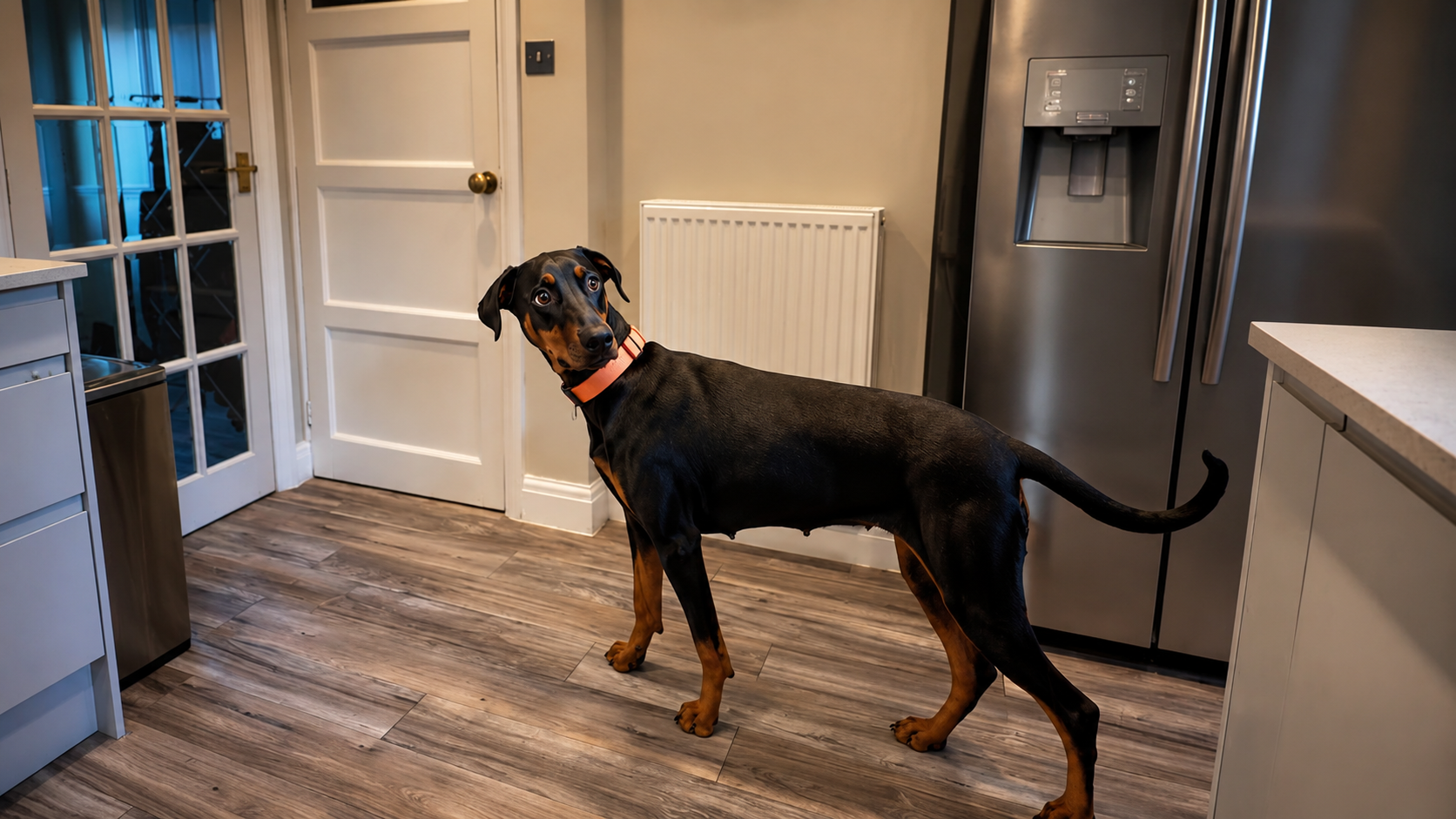 Doberman notices something weird in the kitchen