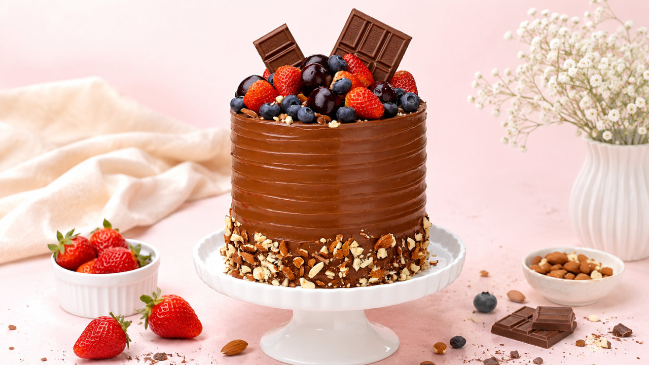 Chocolate berry cake with crunchy almond base