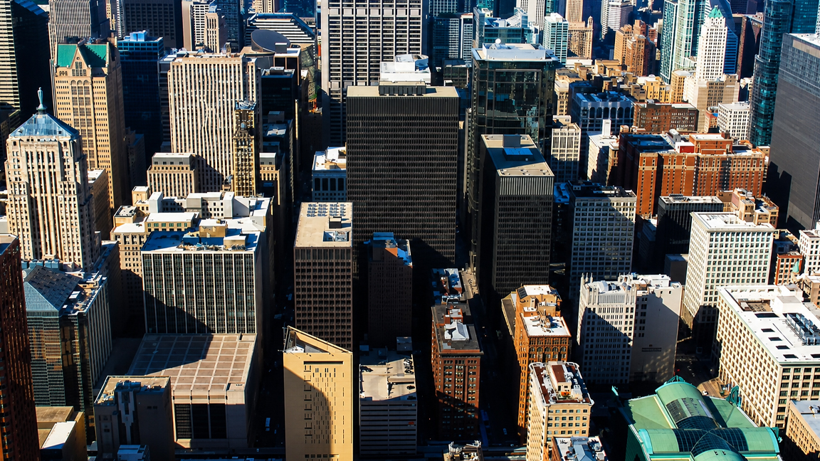 Modern downtown skyline with tall urban skyscrapers
