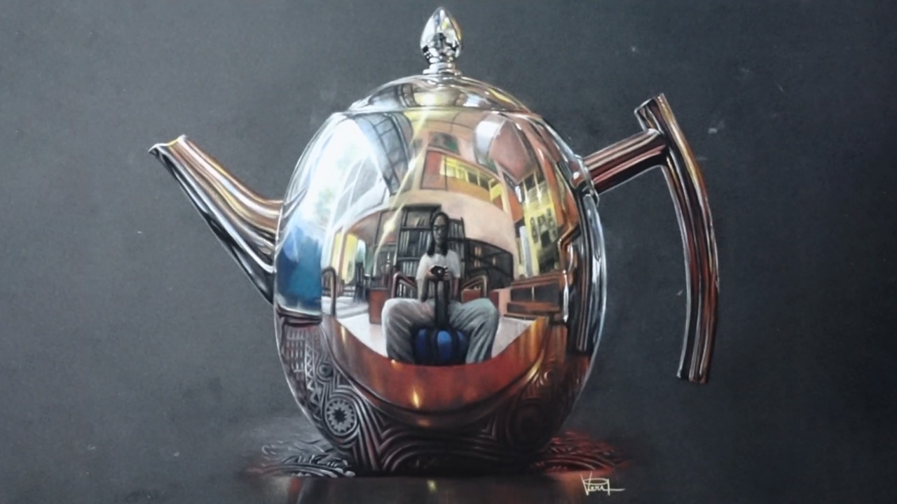 Unique art concept drawing: A cozy house inside a teapot design