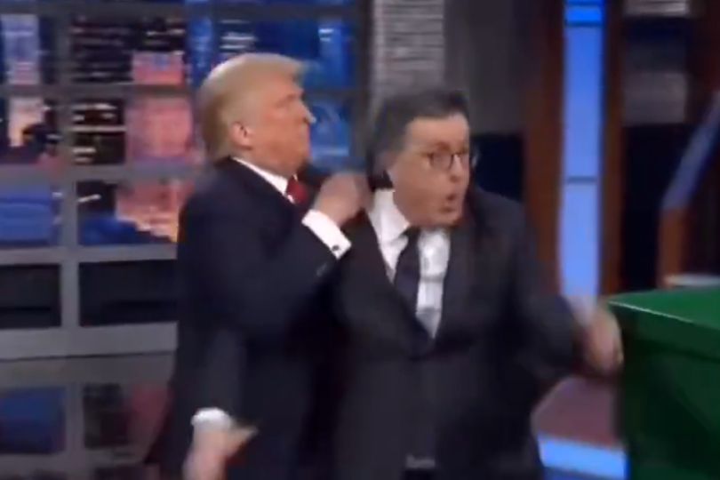 Donald Trump shares clip of him throwing Stephen Colbert into a ...