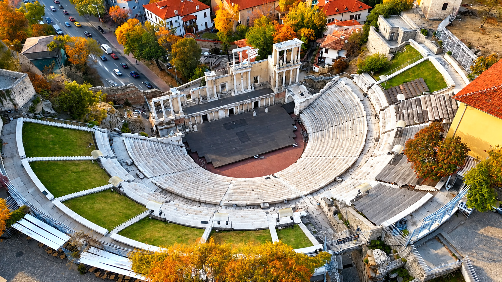 An ancient Roman theatre rising above the heart of Plovdiv