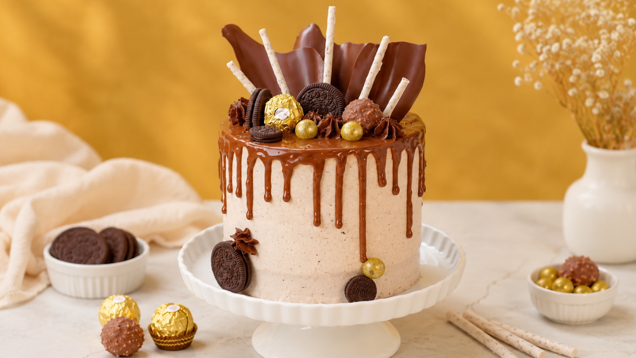 Elegant chocolate drip cake with luxury toppings
