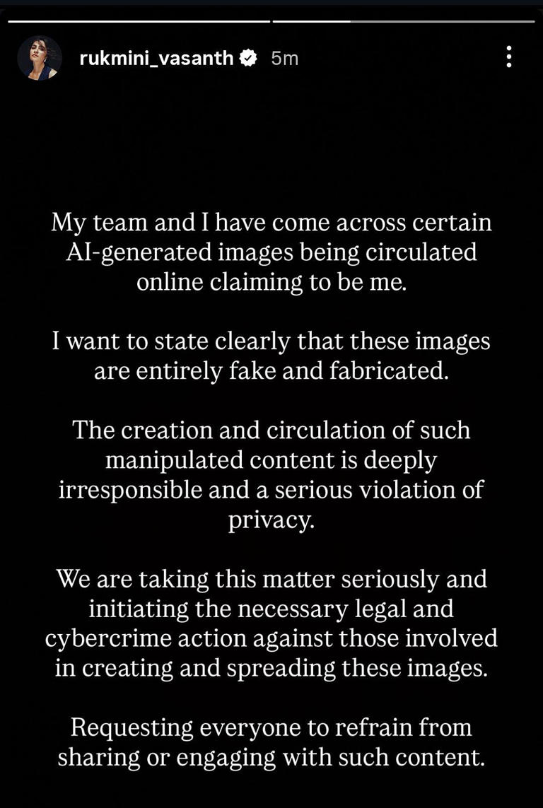 Rukmini Vasanth slams AI-generated photos of her, warns of legal and ...
