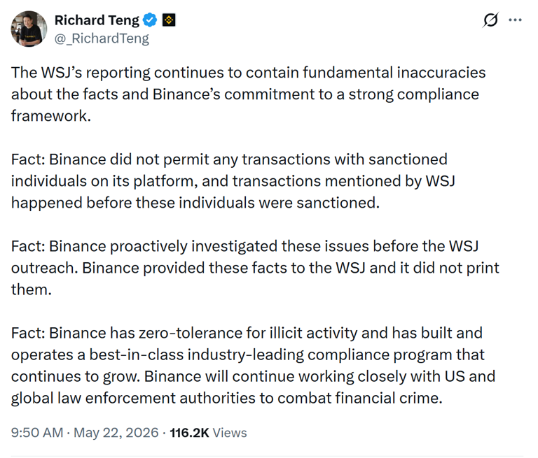 Binance denies new WSJ report alleging $850M in Iran-linked transactions