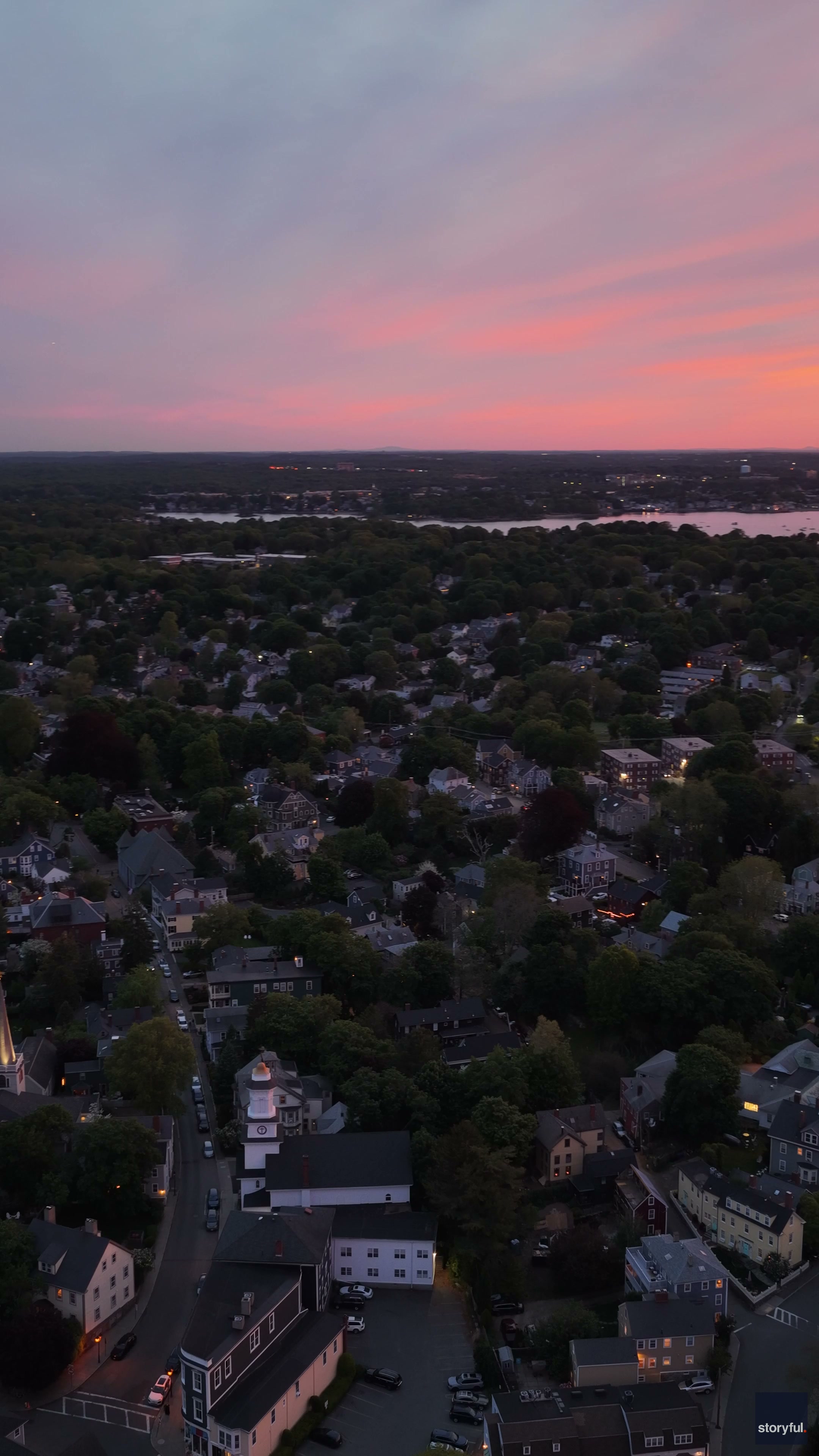 Sunset drone flight captures stunning colors over Massachusetts harbor