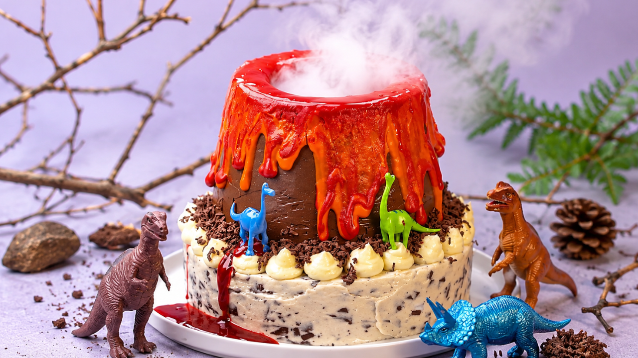 Volcano themed cake with lava drip effect