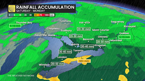 Up to 50 mm widespread rains may soak southern Ontario's weekend