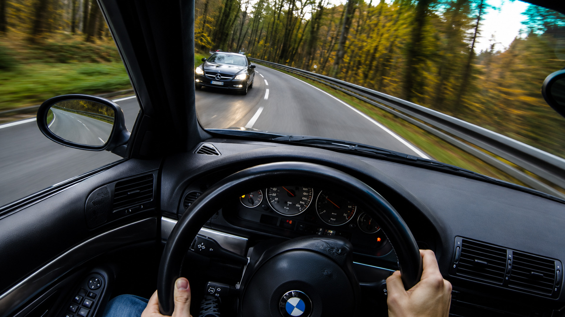 BMW M3 POV acceleration nearly hits another car on narrow road