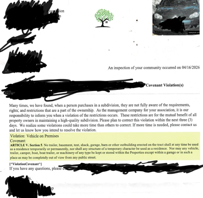Homeowner gets warning letter from HOA for parking car in their own ...