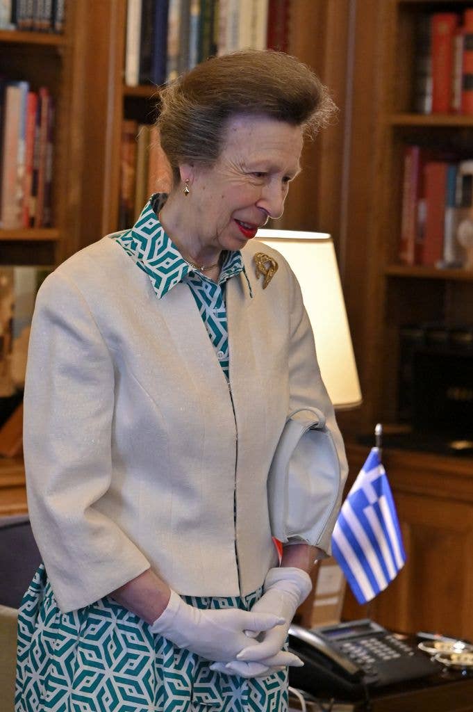 Princess Anne dazzles in Greece-inspired outfit during day one of ...