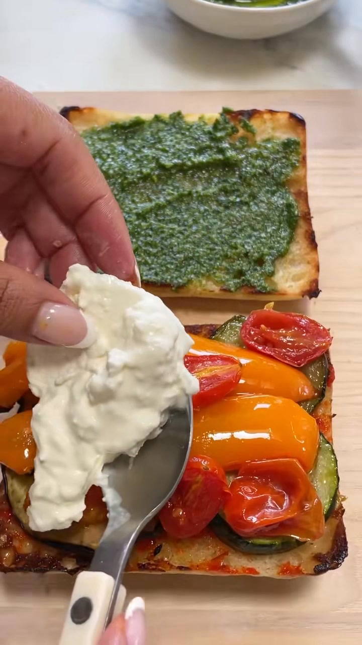 Burrata pesto and roasted veggie sandwich