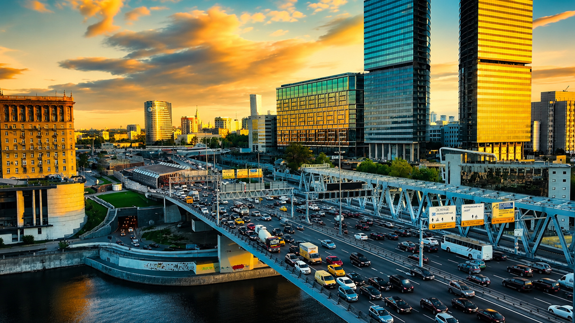 Busy urban expressway surrounded by modern office buildings