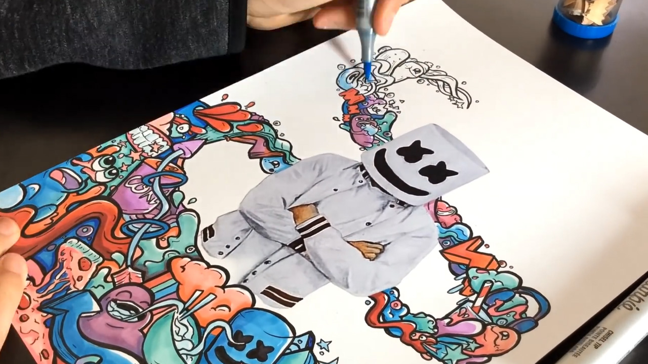 Vibrant Marshmello doodle art filled with hidden creative details