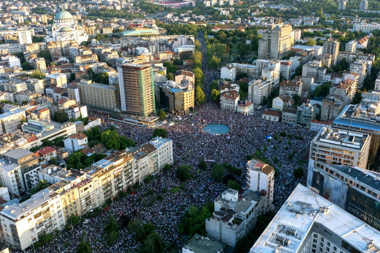 Tens of thousands rally in Serbia demanding elections
