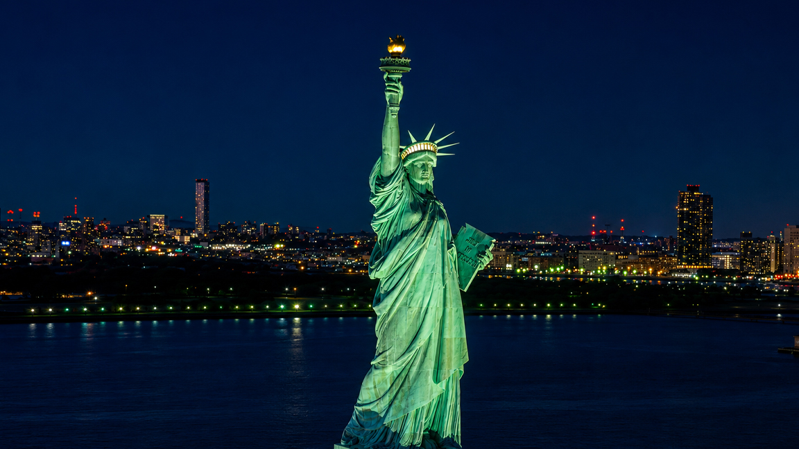 Iconic Statue of Liberty illuminated at night in New York City