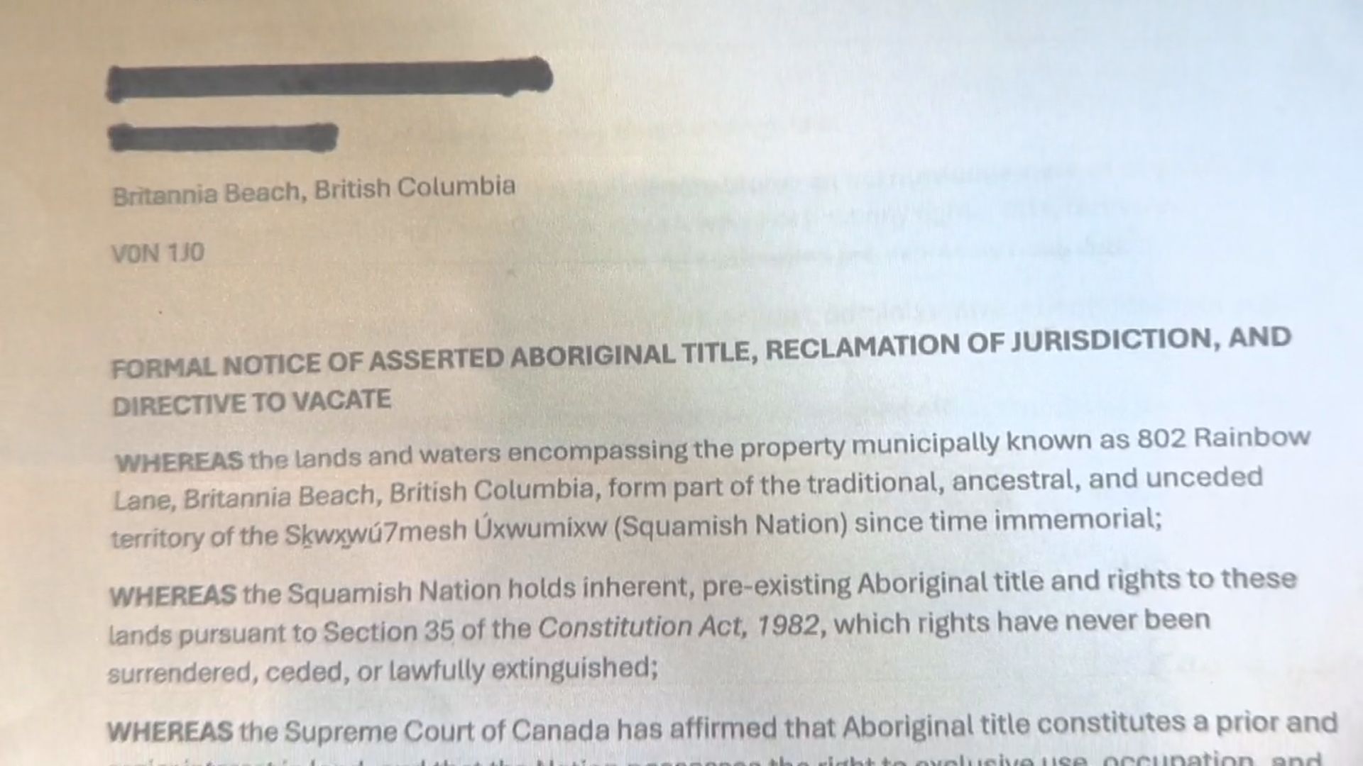 Squamish Nation calling out fake letter sent to Britannia Beach residents