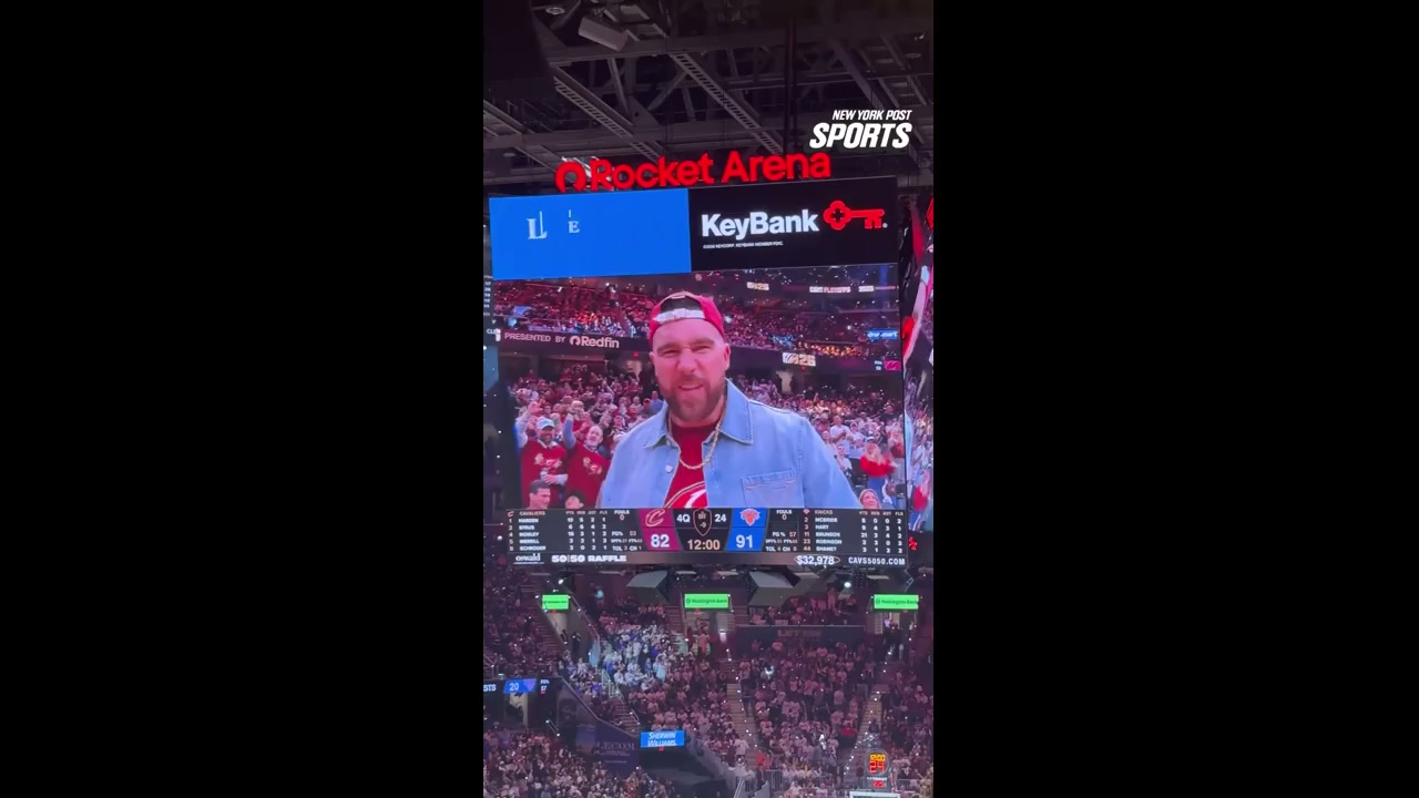 Travis Kelce chugs beer during Knicks v. Cavs Game 3