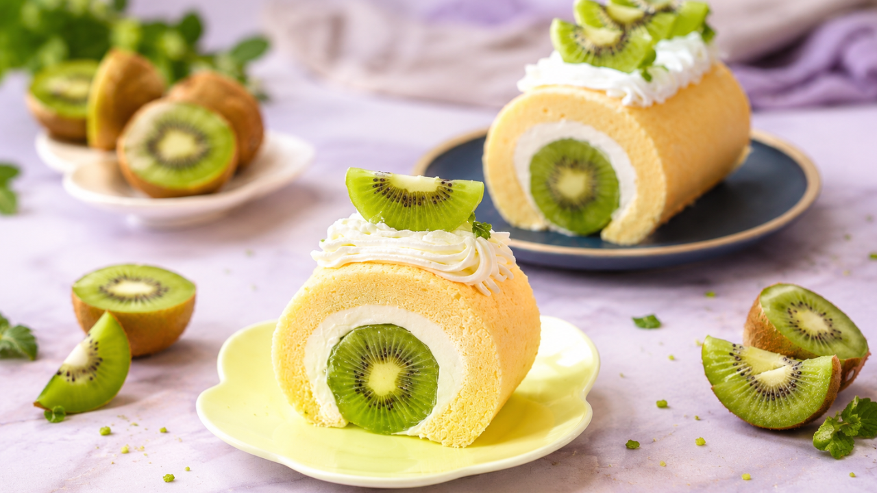 Soft kiwi roll cake with cream filling