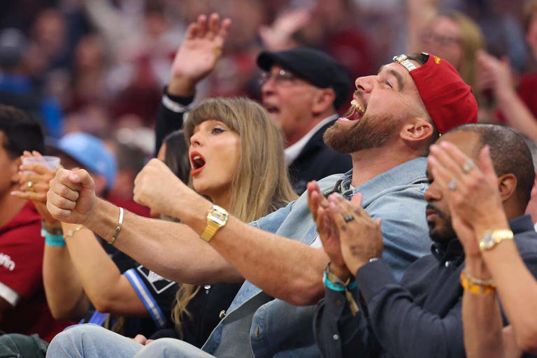 Travis Kelce, Taylor Swift sported denim fits to watch NBA playoffs in ...