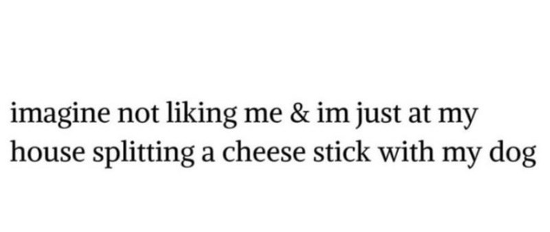 'Imagine not liking me & I'm just at my house splitting a cheese stick ...
