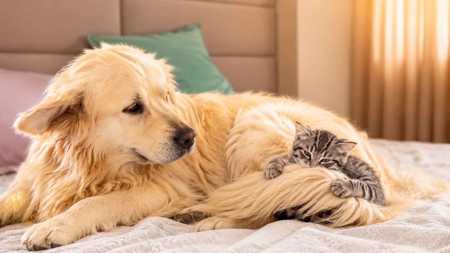 Kitten turns a golden retriever’s tail into fun