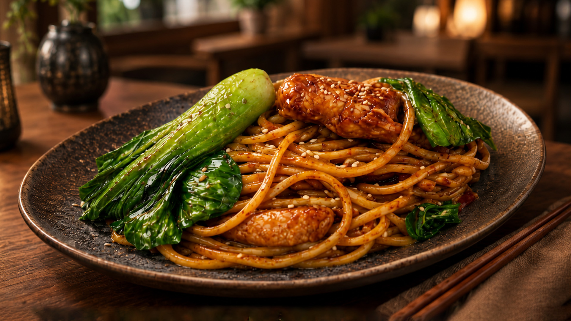 A quick noodle stir fry with rich savory flavor