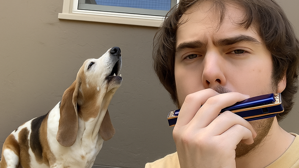 Man playing harmonica with howling dog