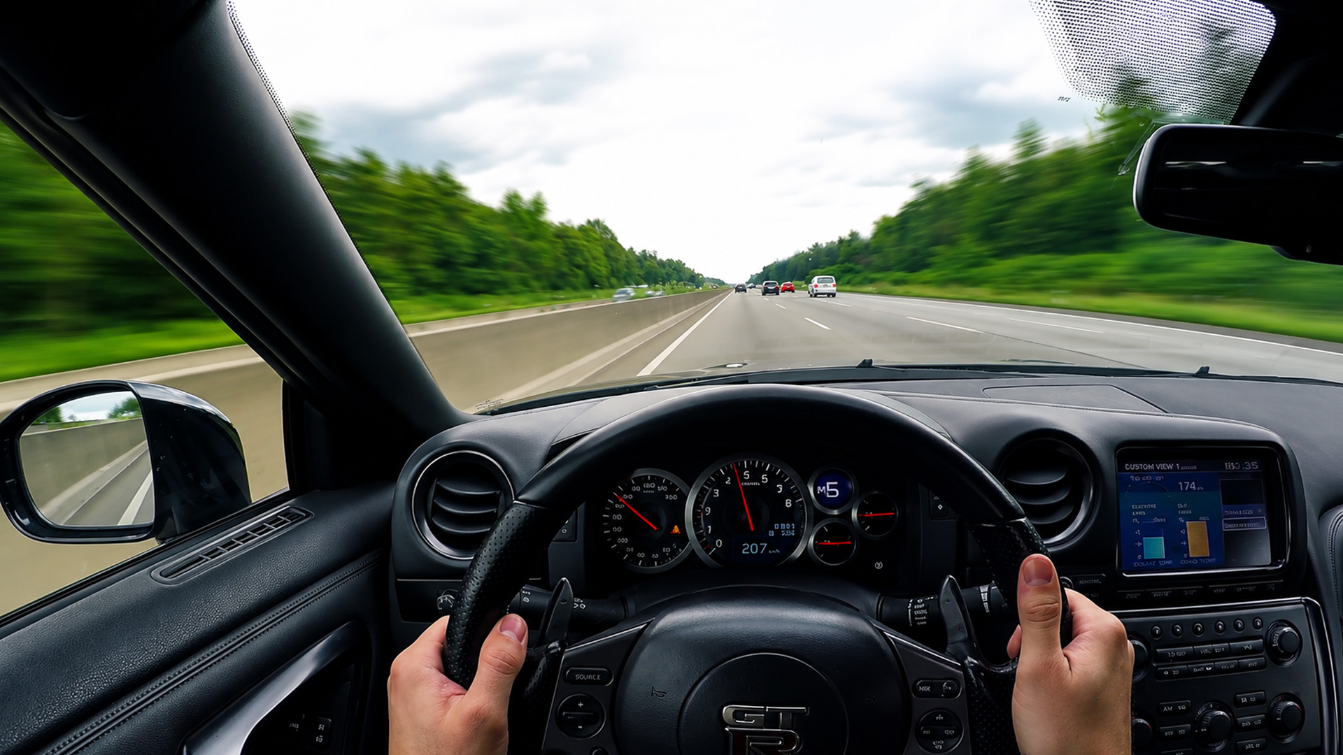 POV GTR R35 fast acceleration on Autobahn highway