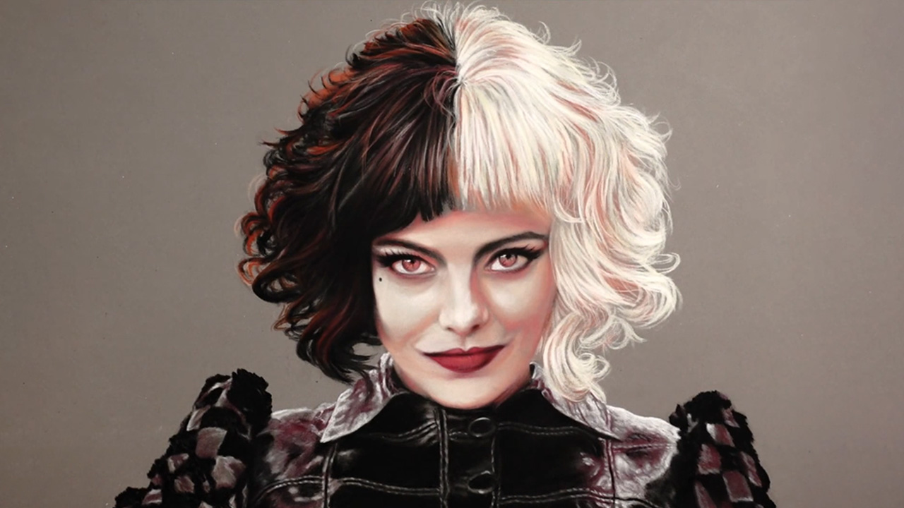 Stylish villain portrait: Exotic Cruella de Vil drawing with pencil shading